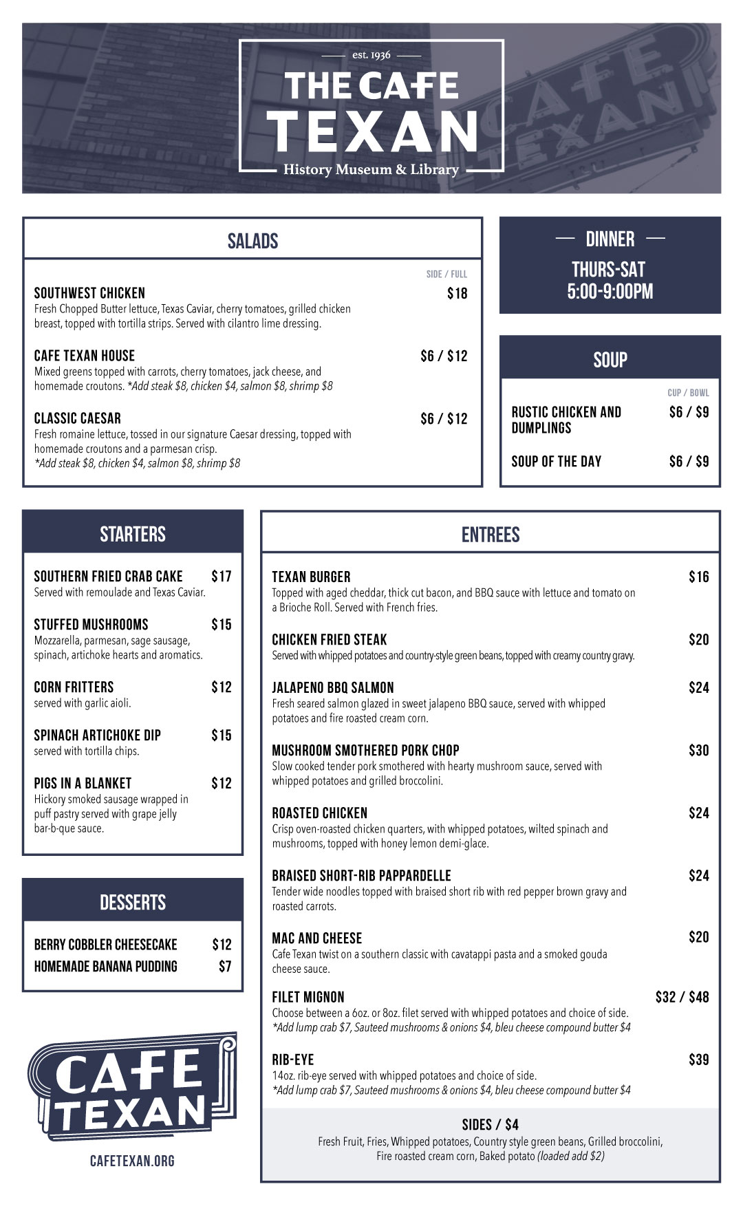 Cafe Menu | The Cafe Texan History Museum & Library
